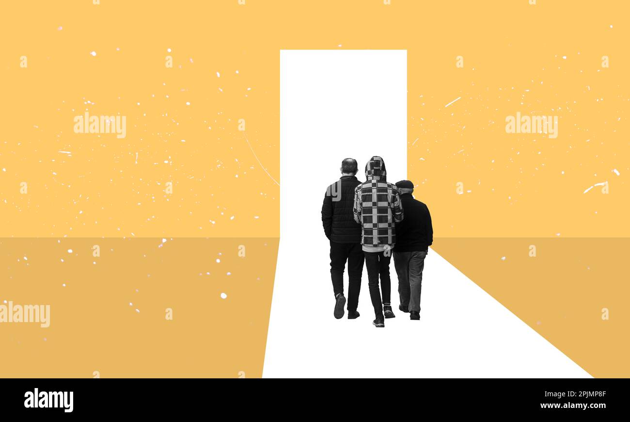 The hard road to success. People walk to an open door of white ...