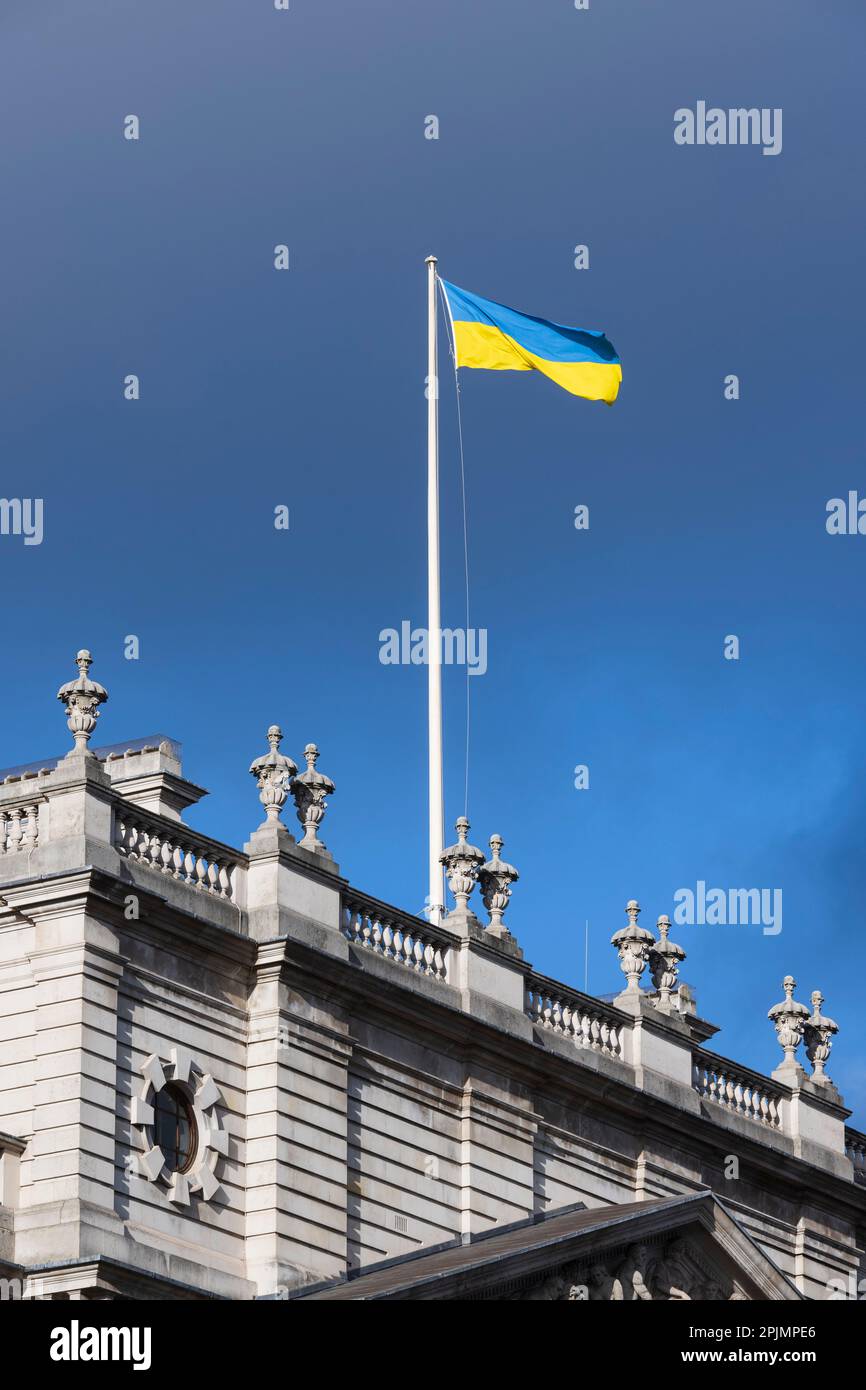 The Ukrainian flag being flown over the Department for Digital, Culture ...