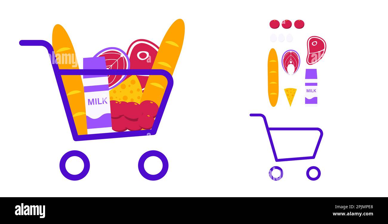 Cart icon, sign with milk, bread, fish, milk, fruits, tomatoes inside ...
