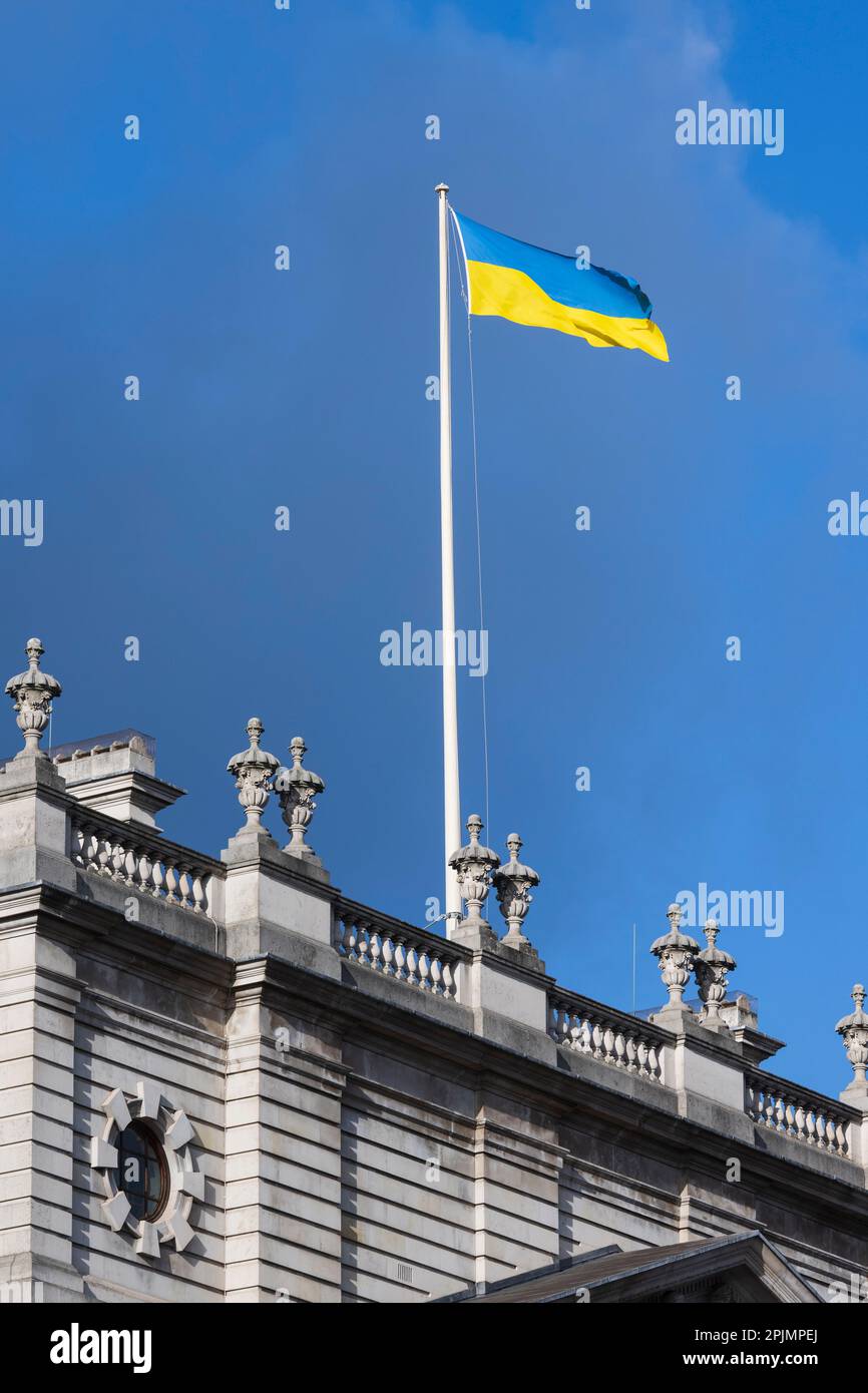 The Ukrainian flag being flown over the Department for Digital, Culture ...