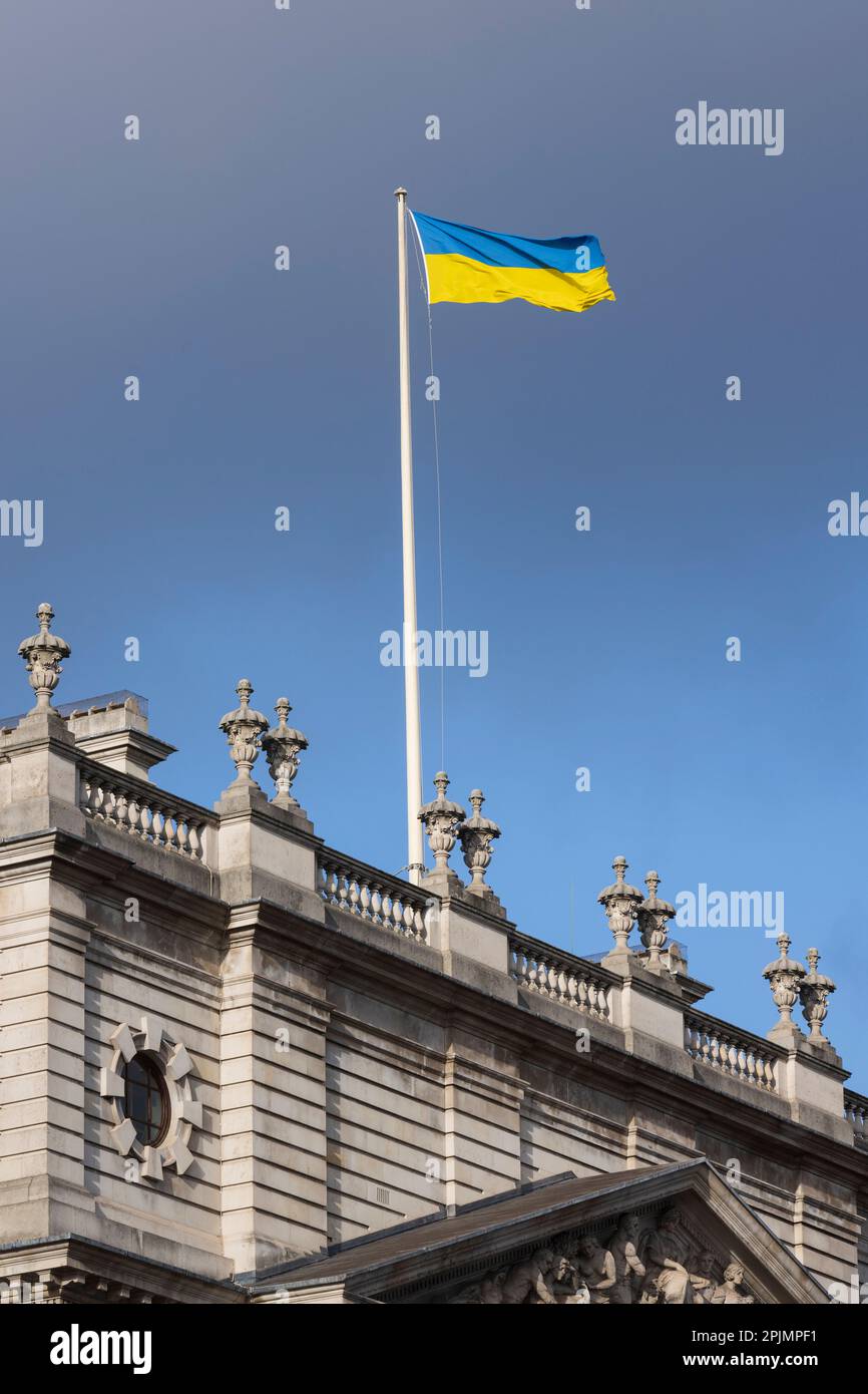 The Ukrainian flag being flown over the Department for Digital, Culture ...
