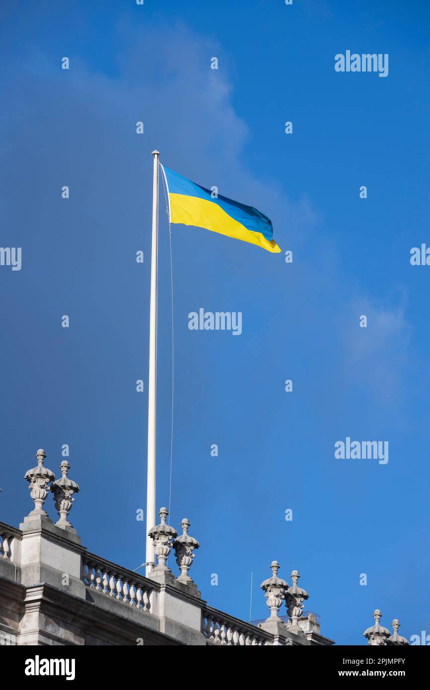 The Ukrainian flag being flown over the Department for Digital, Culture ...
