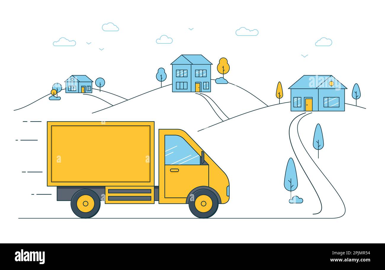 Delivery service concept. Line, outline flat style transportation ...