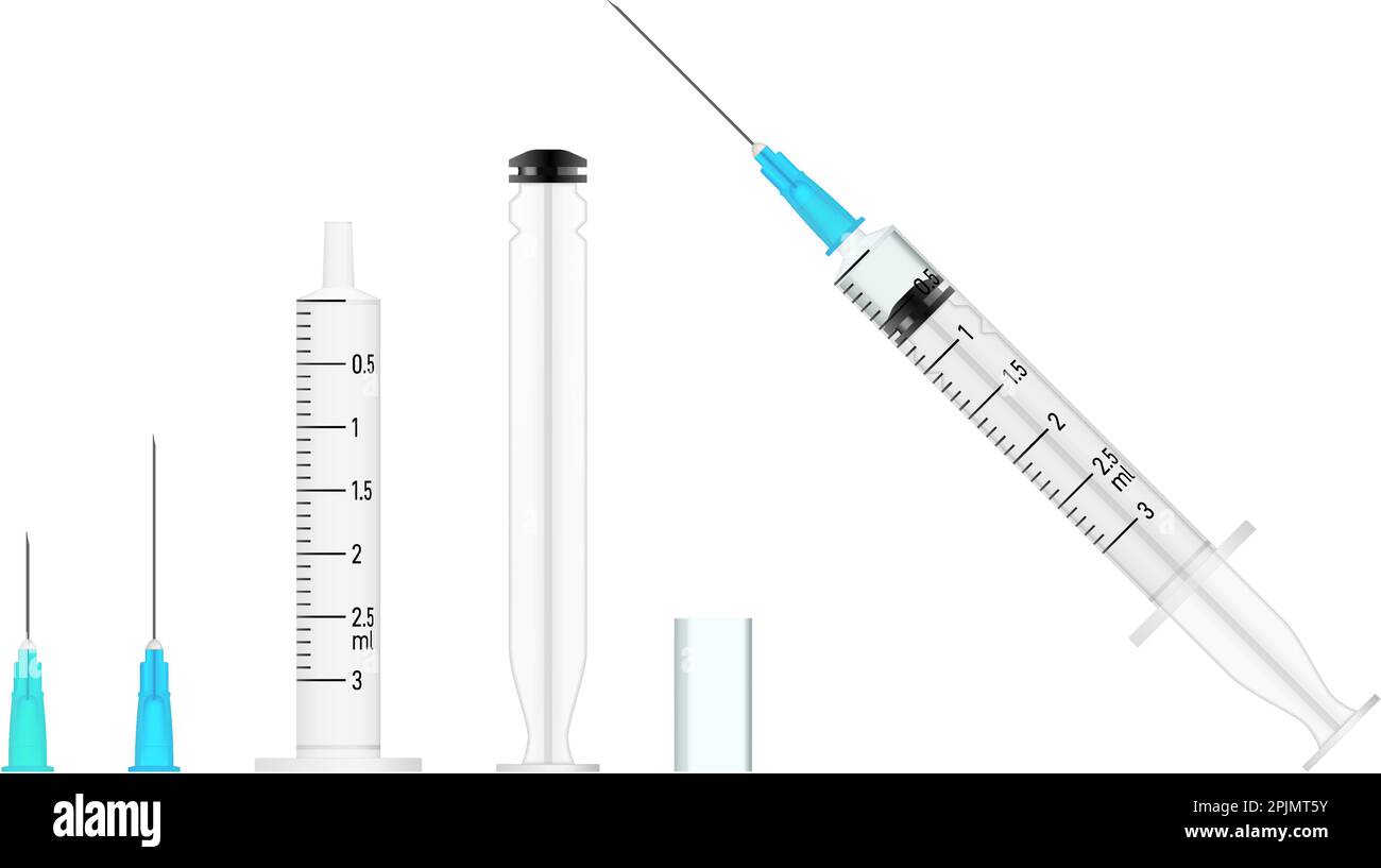 Realistic medical syringe constructor with needles, plunger, barrel and ...