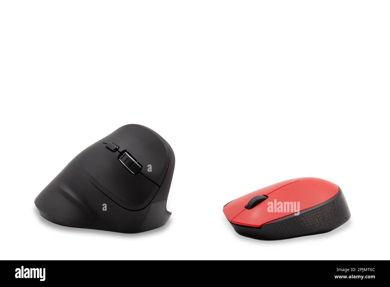 Vertical black and horizontal red computer mouse on a white background ...