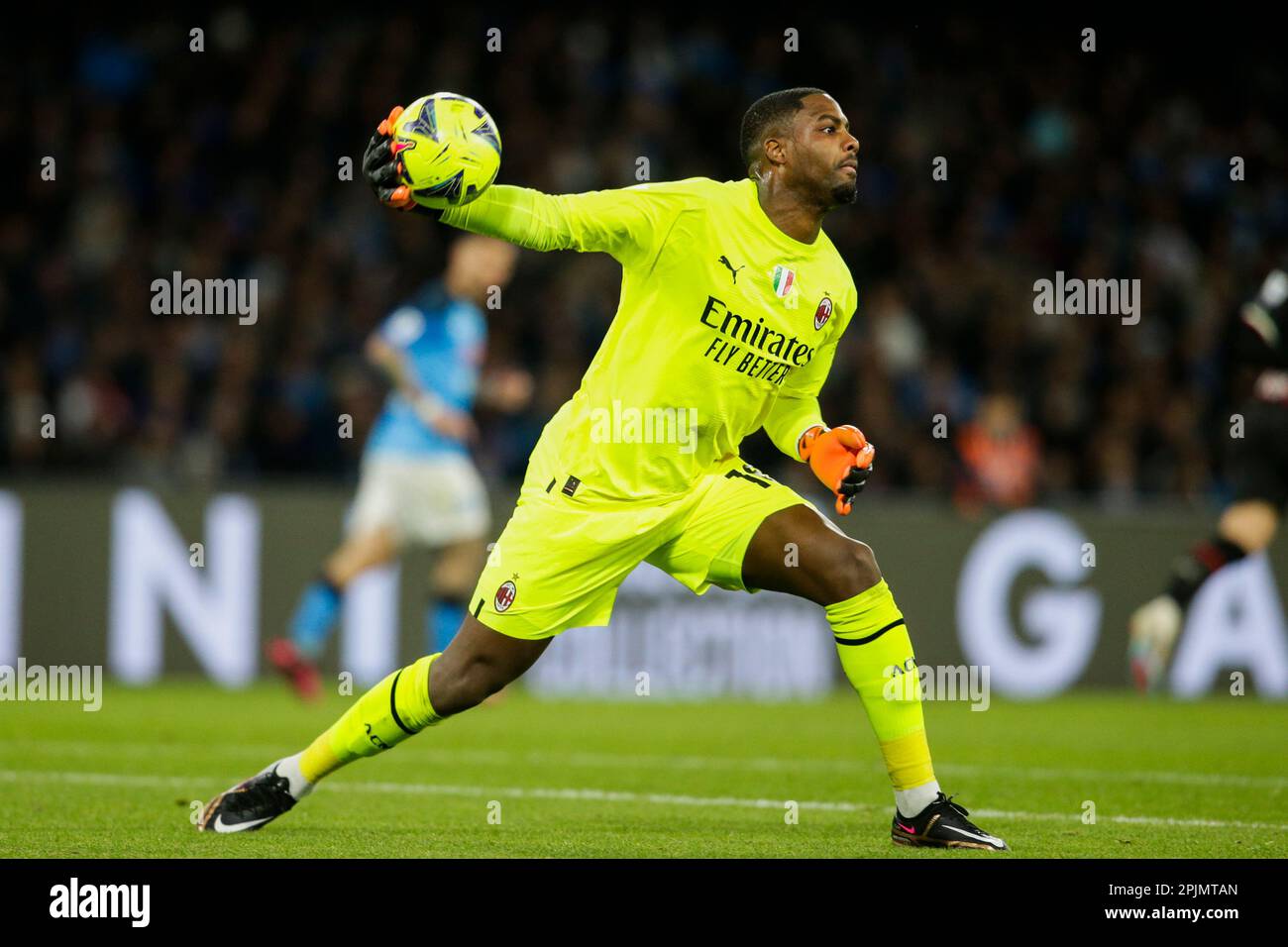 MilanÕs French goalkeeper Mike Maignan controls the ball during the ...