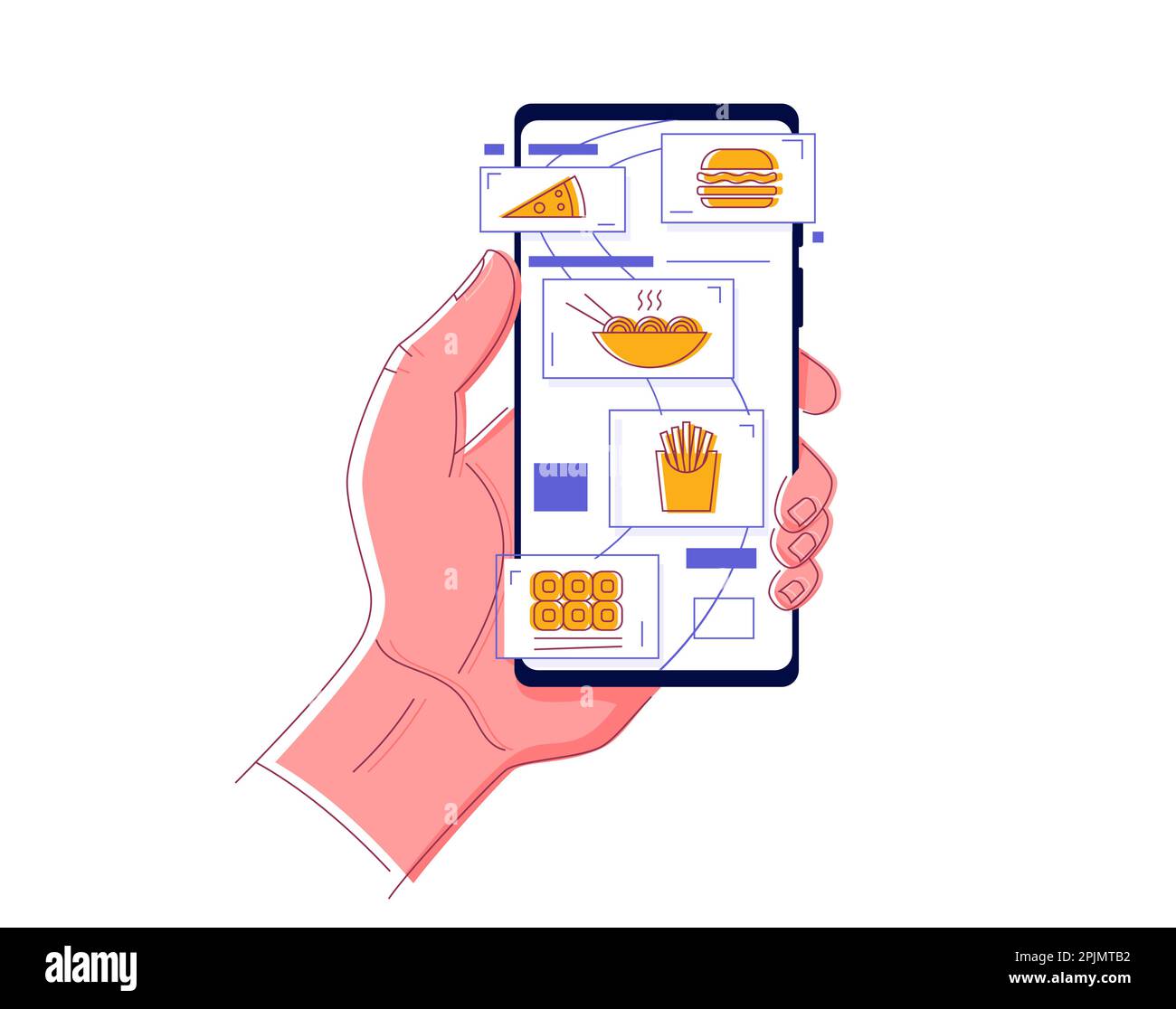 Online food order by mobile app concept. Hand holding modern phone. Man ...