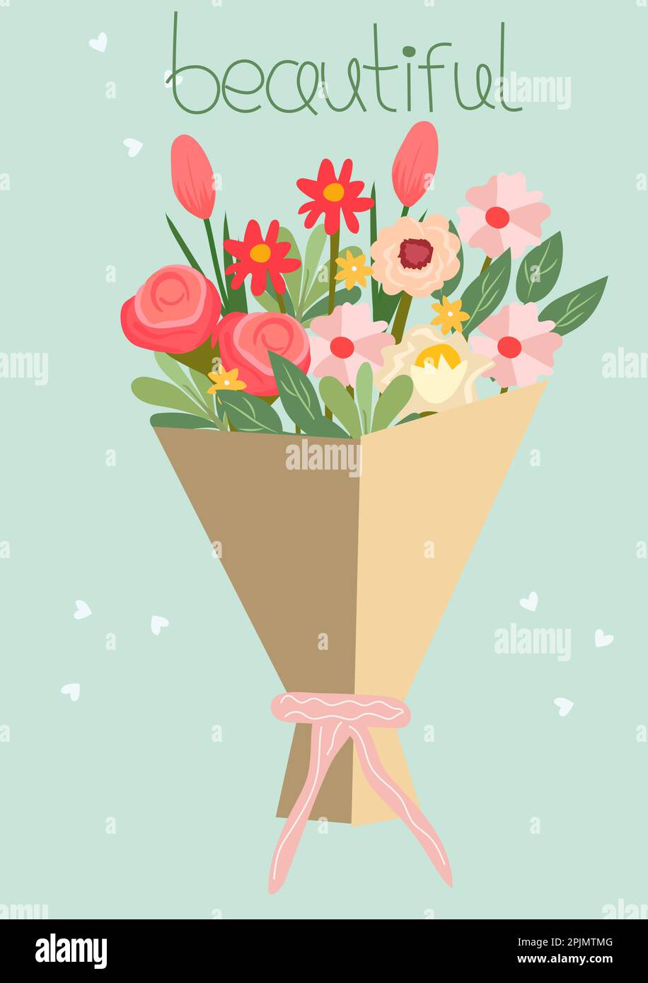 Flat-style vector illustration of a blossoming flower bouquet a blue background.Tulip, chamomile ...