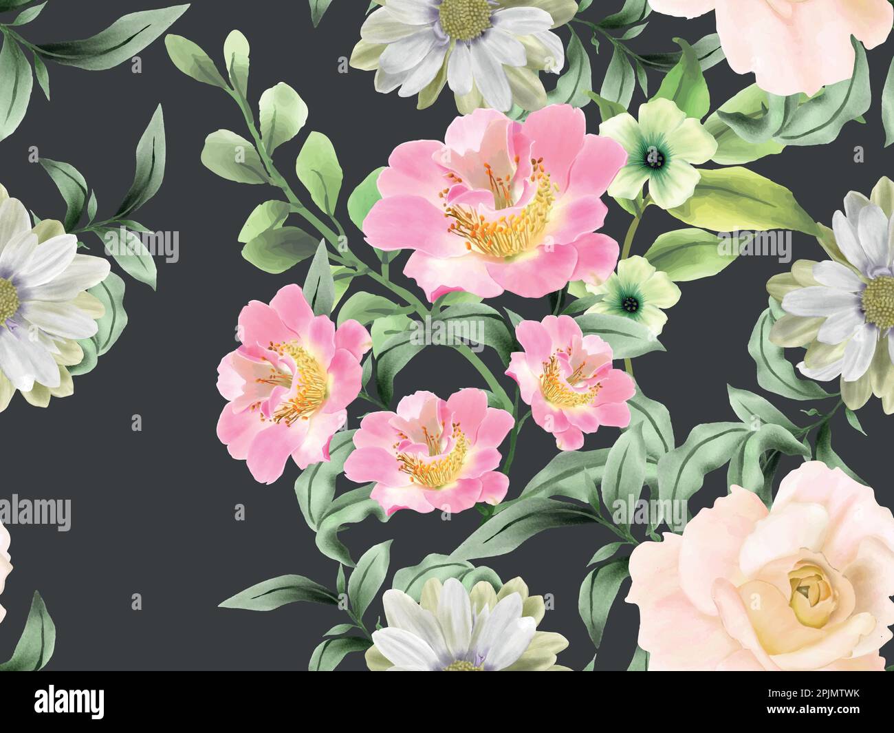 seamless classic pattern with hand drawn watercolor flowers and leaves ...