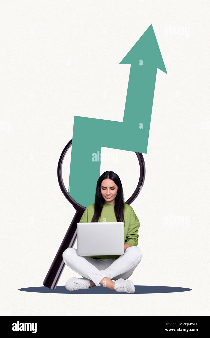 Creative collage of young business lady sitting with netbook ...