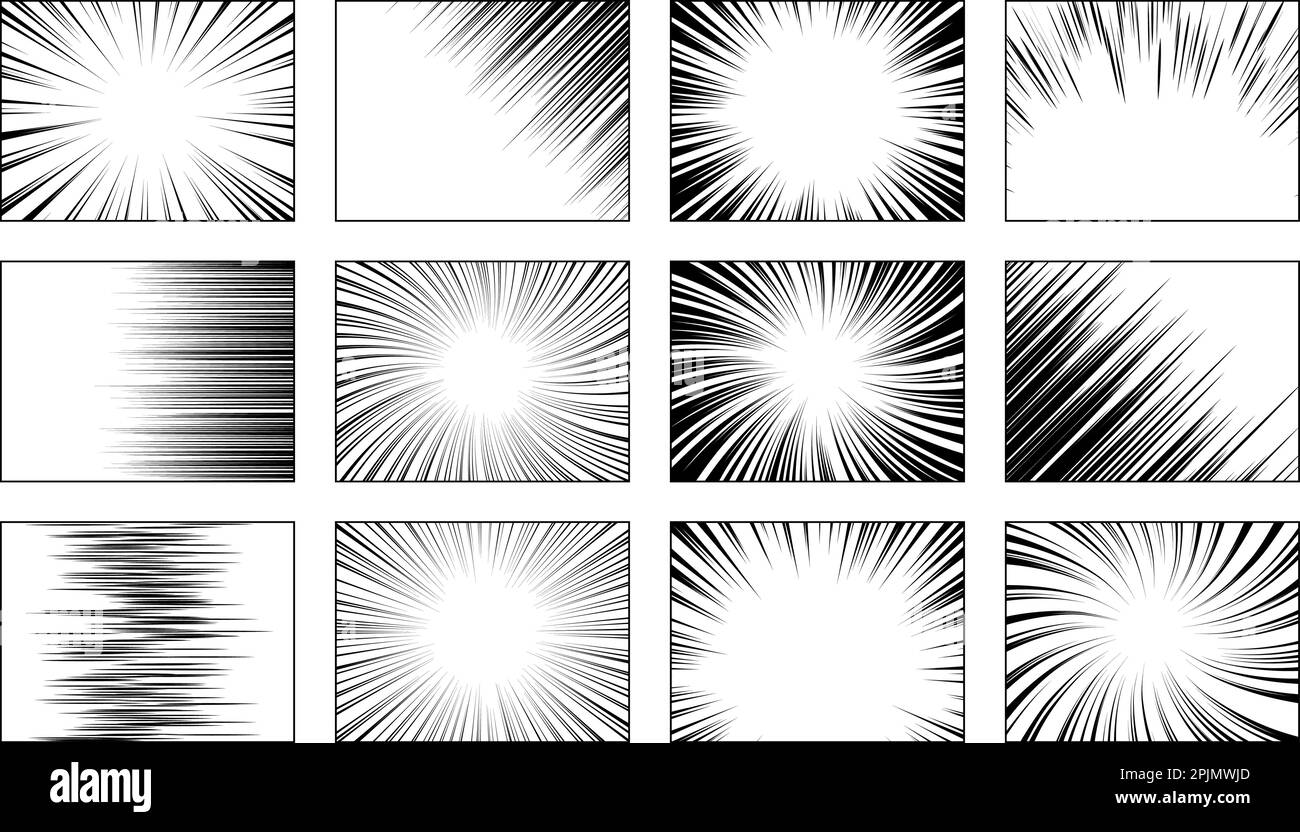 Set of frames for black manga book. Action, speed radial, horizontal ...