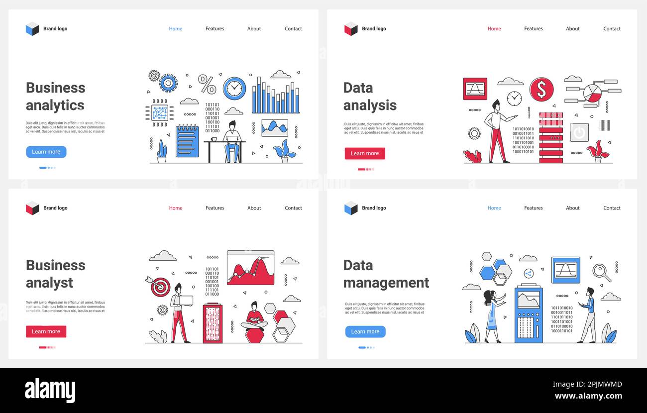 Business analysis, data analytics process and management thin line set ...