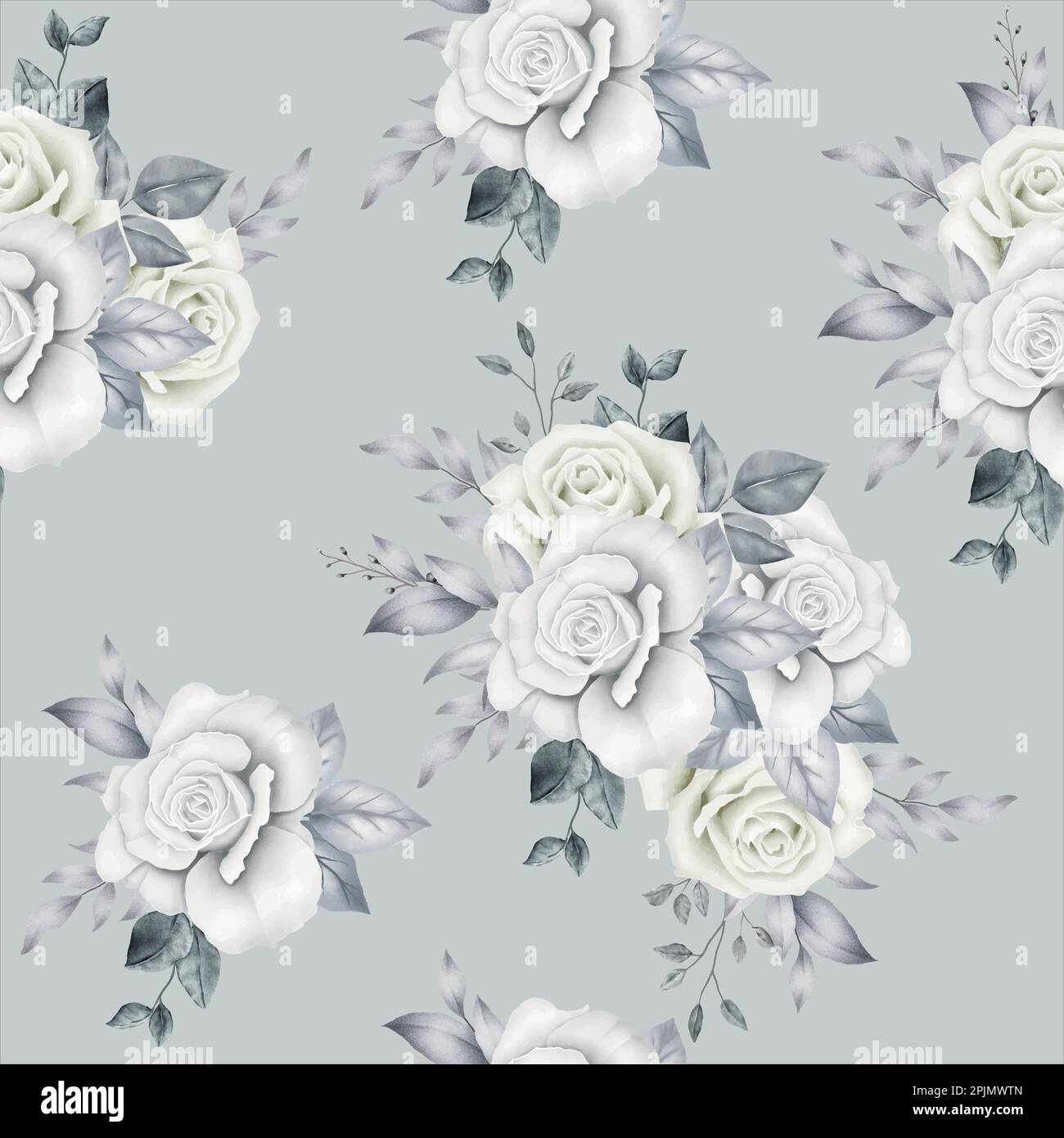 Seamless floral pattern - grey blush flowers elements, green leaves ...