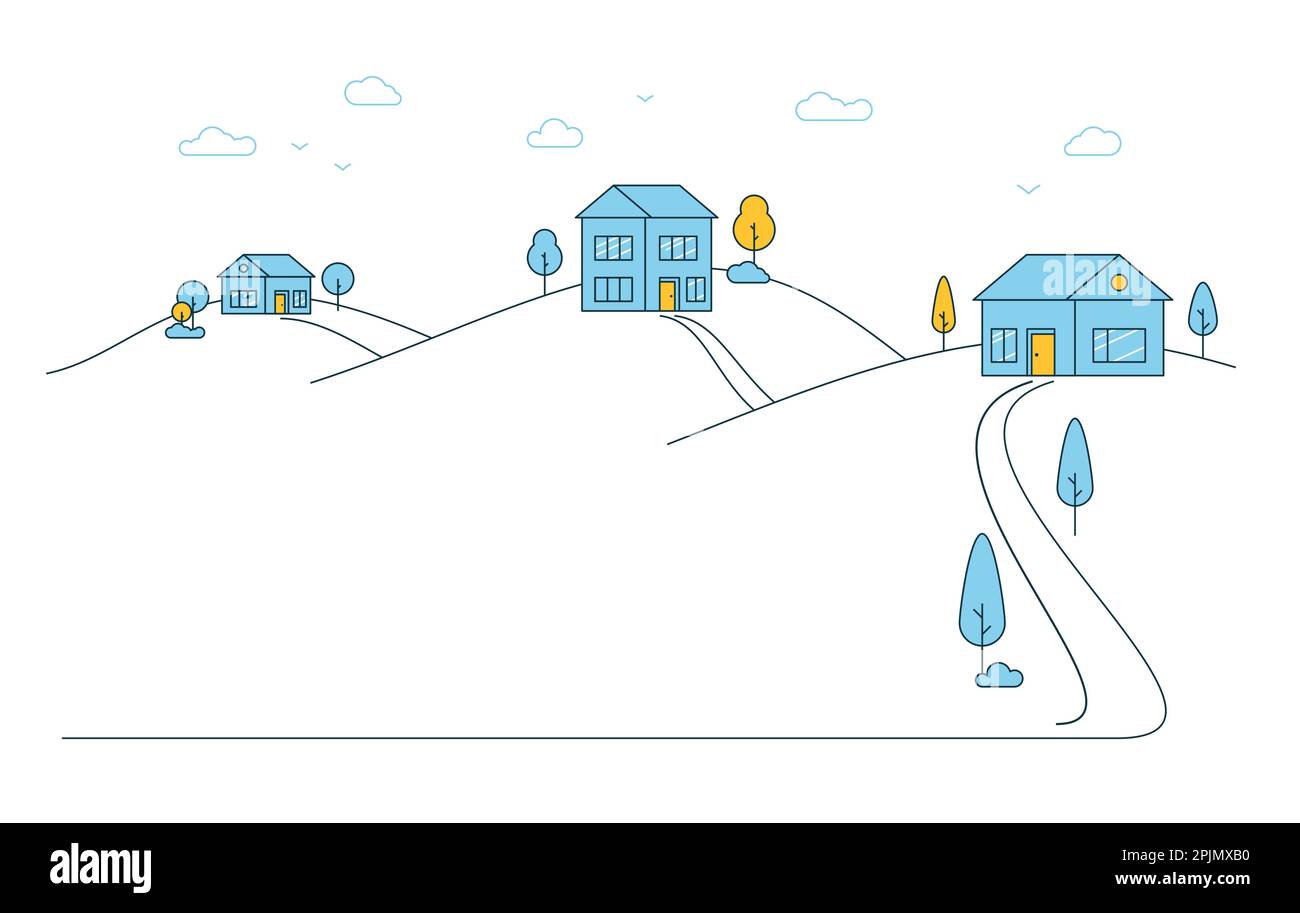 Line, outline flat style illustration. Suburbs landscape with hills ...