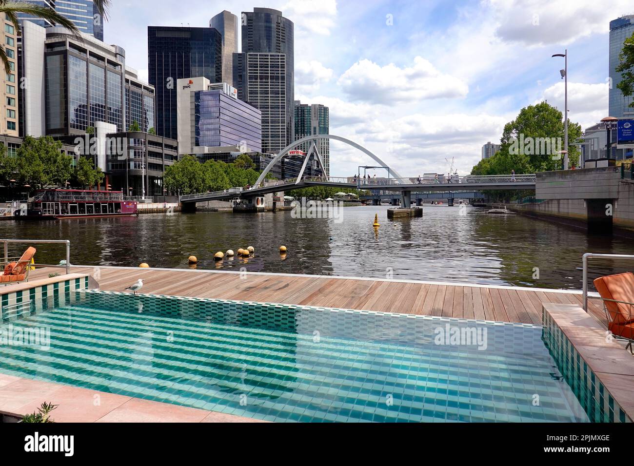 View across the swimming pool at Arbory Bar down the Yarra River to ...