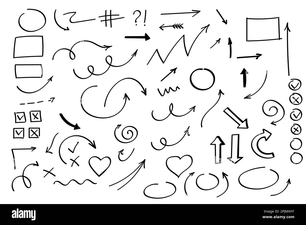 Doodle arrows set or collection. Hand-drawn directions signs or symbols. Ink arrows vector ...