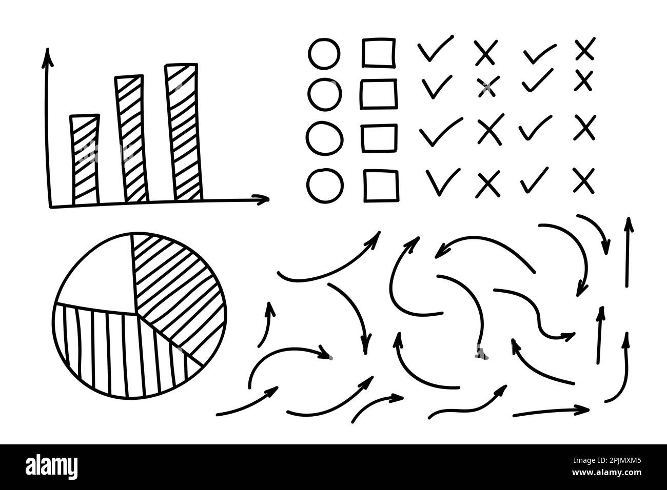 Doodle arrows set or collection. Hand-drawn shapes, check marks ...