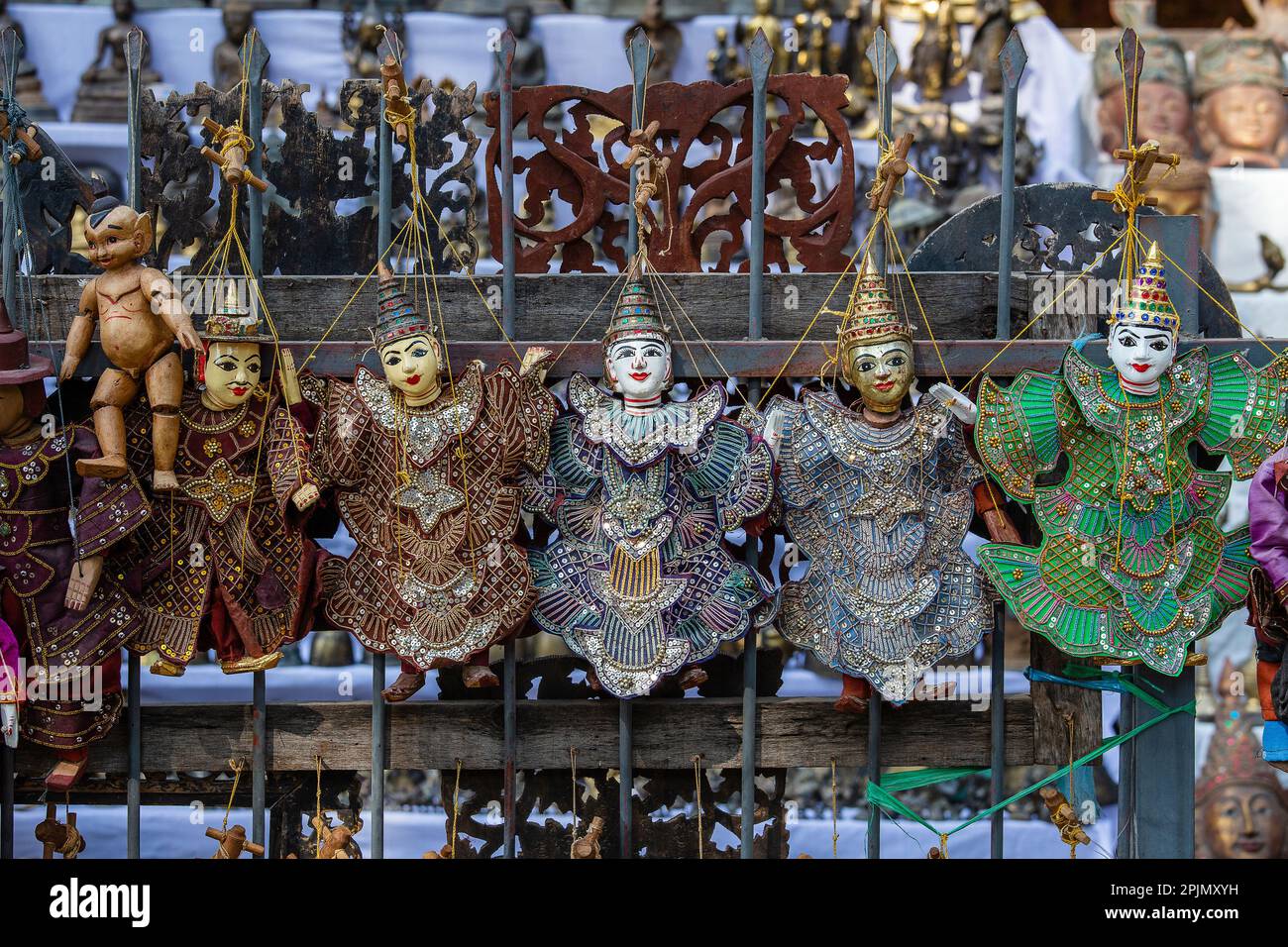 Colorful puppets in a tourist stall on the street market in Burma ...