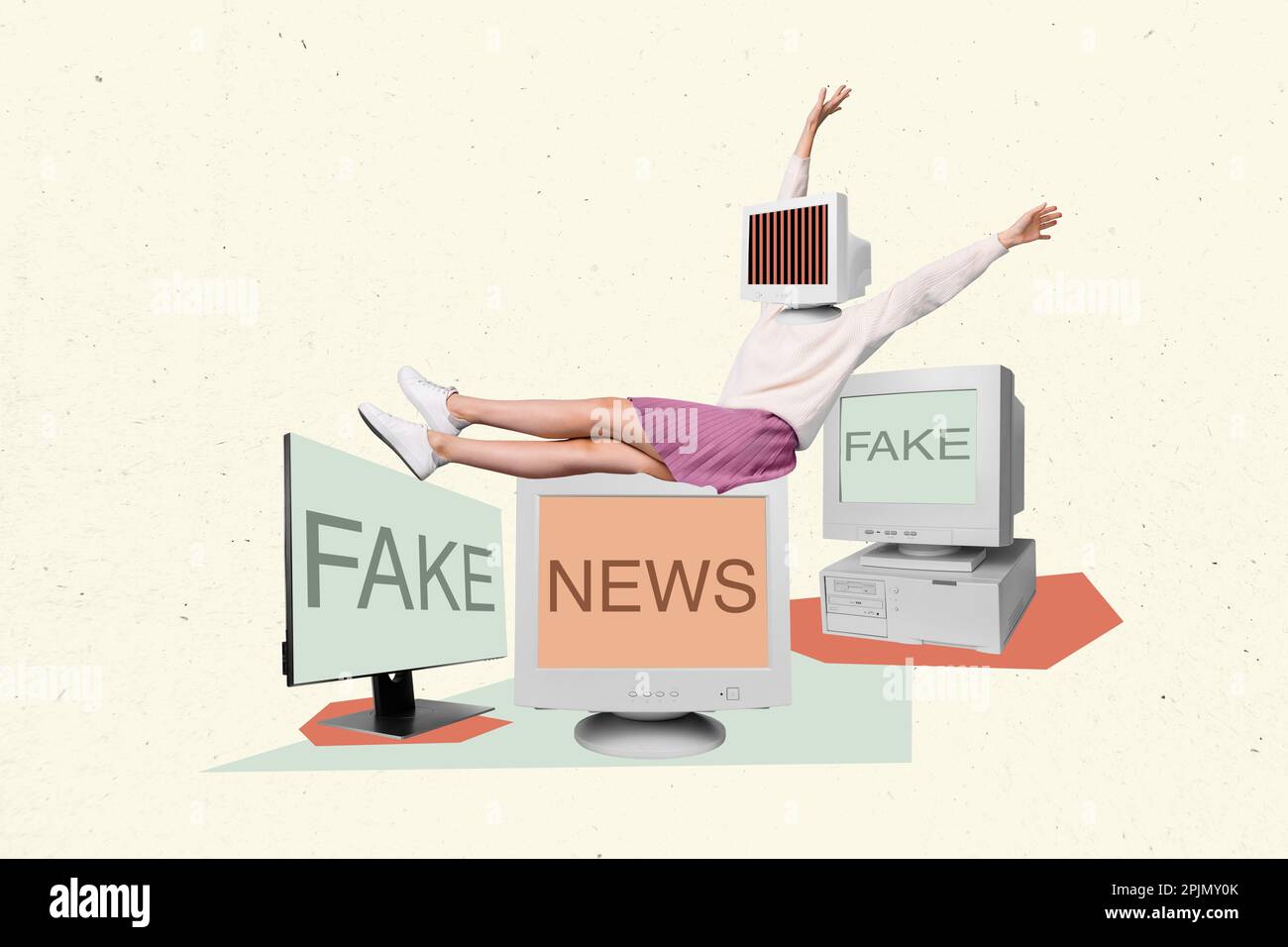 New collage of headless girl lying digital retro computer monitor ...