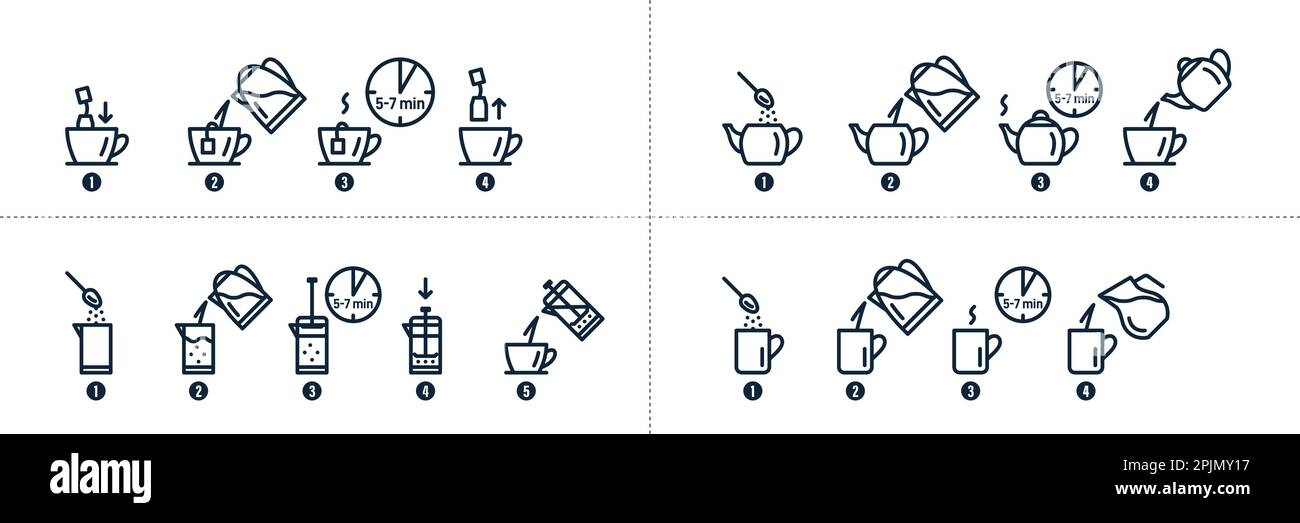 Tea and coffee brewing instruction. Tea, coffee making, brew process ...