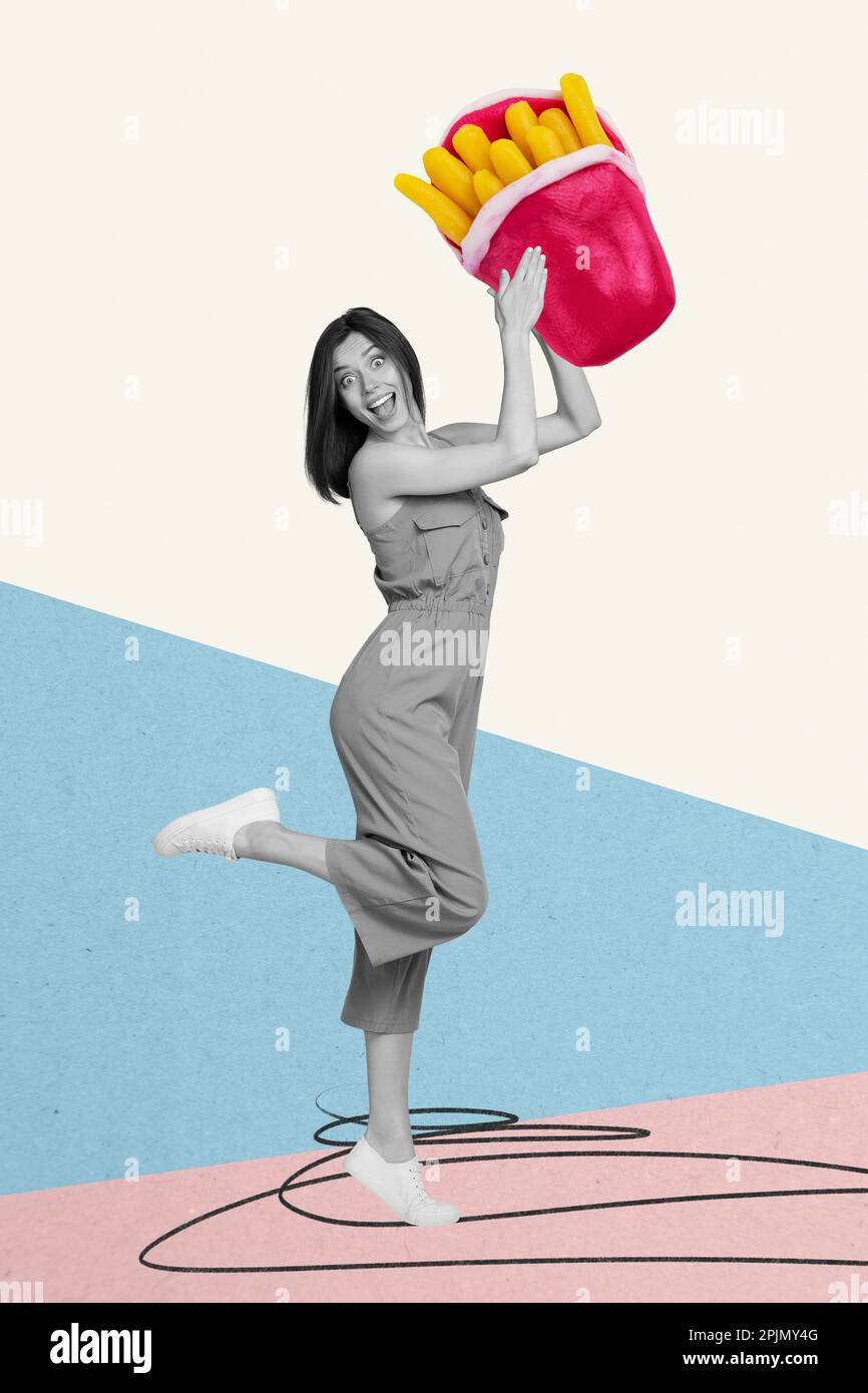 Photo creative composite placard collage of young girl enjoy cheat meal ...