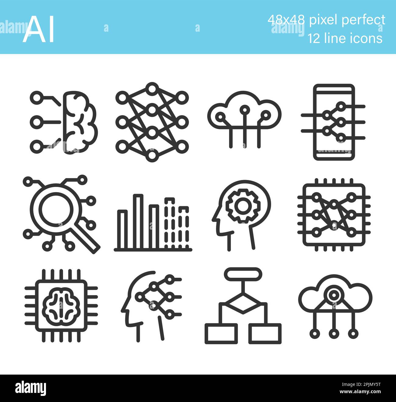 Set of artificial intelligence icons. Artificial brain, neural network ...