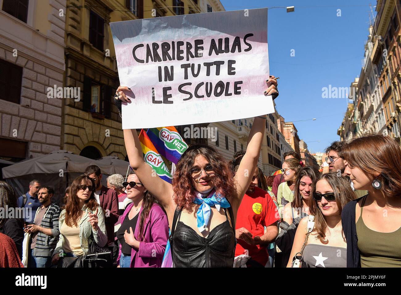 Rome, Italy. 01st Apr, 2023. A person holds up a placard during the ...