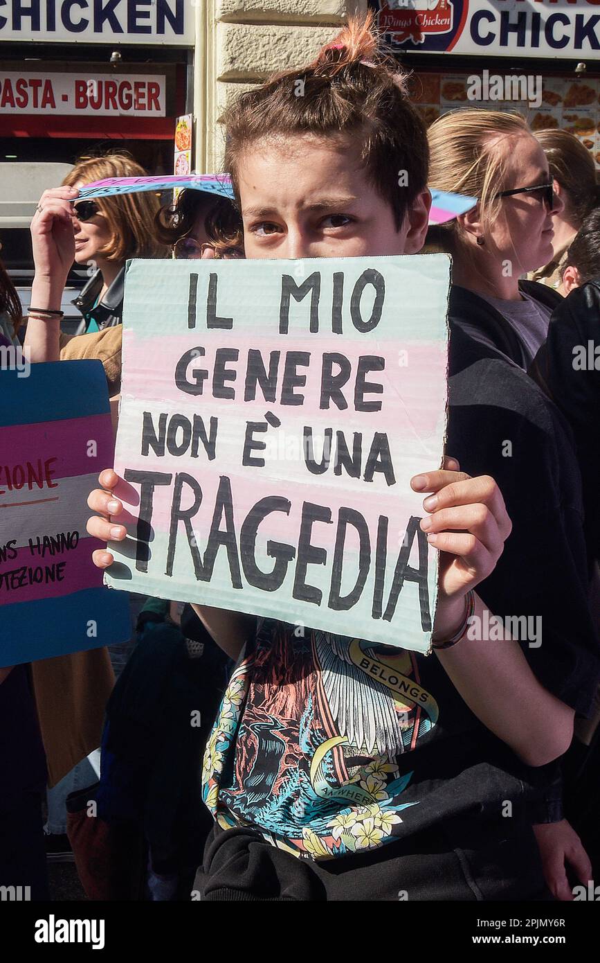 Rome, Italy. 01st Apr, 2023. A person holds up a placard during the ...