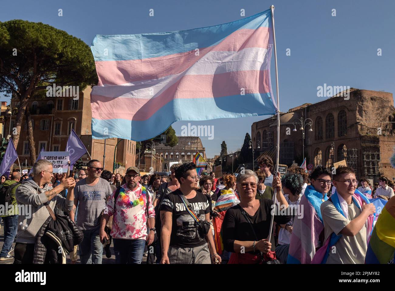 Rome, Italy. 01st Apr, 2023. A person holds up a transgender flag ...