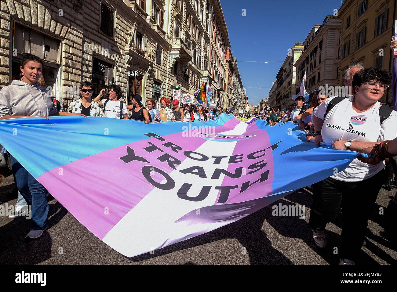 Rome, Italy. 01st Apr, 2023. Protesters carry a giant transgender flag ...