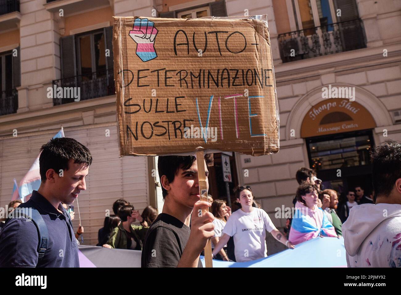 Rome, Italy. 01st Apr, 2023. A person holds up a placard during the ...