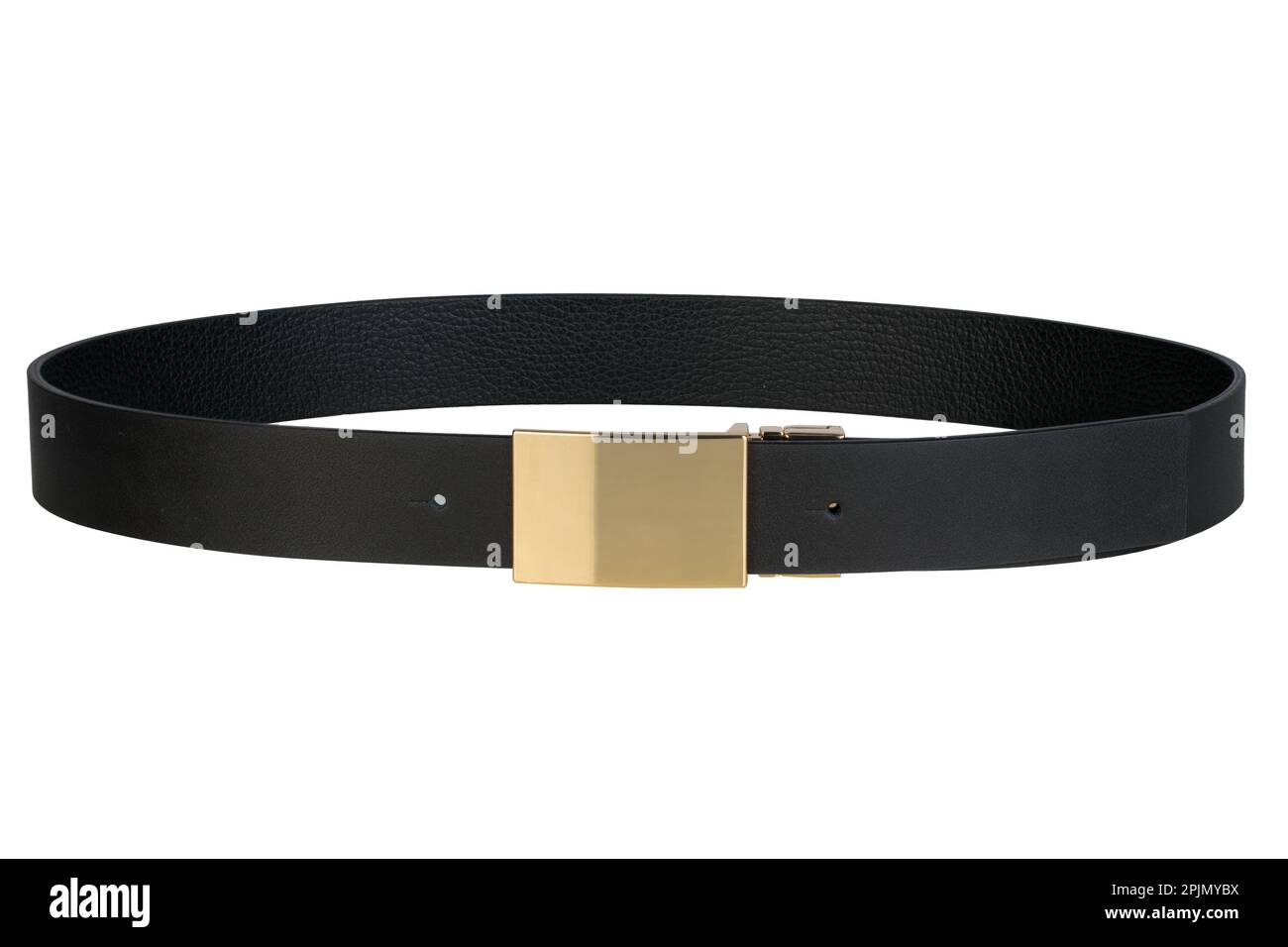 Coiled black fashion belt for men with gold buckle Isolated on a white ...