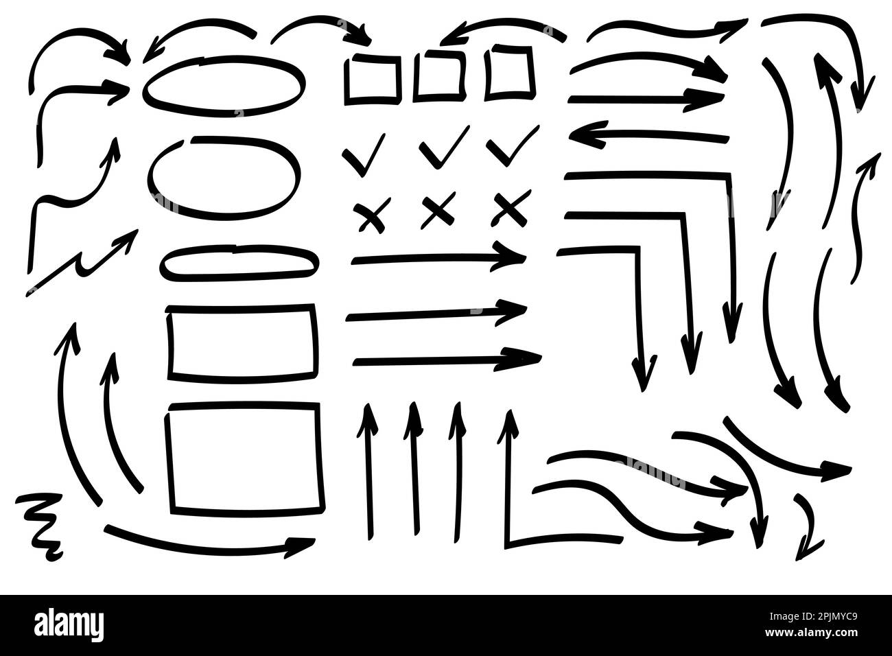 Doodle arrows set or collection. Hand-drawn shapes, check marks ...