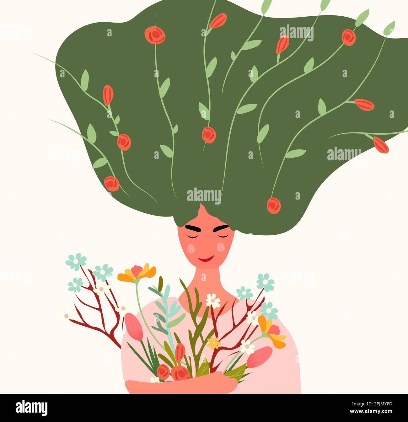 Charming lady with flowers in her hair and hands, perfect for ...