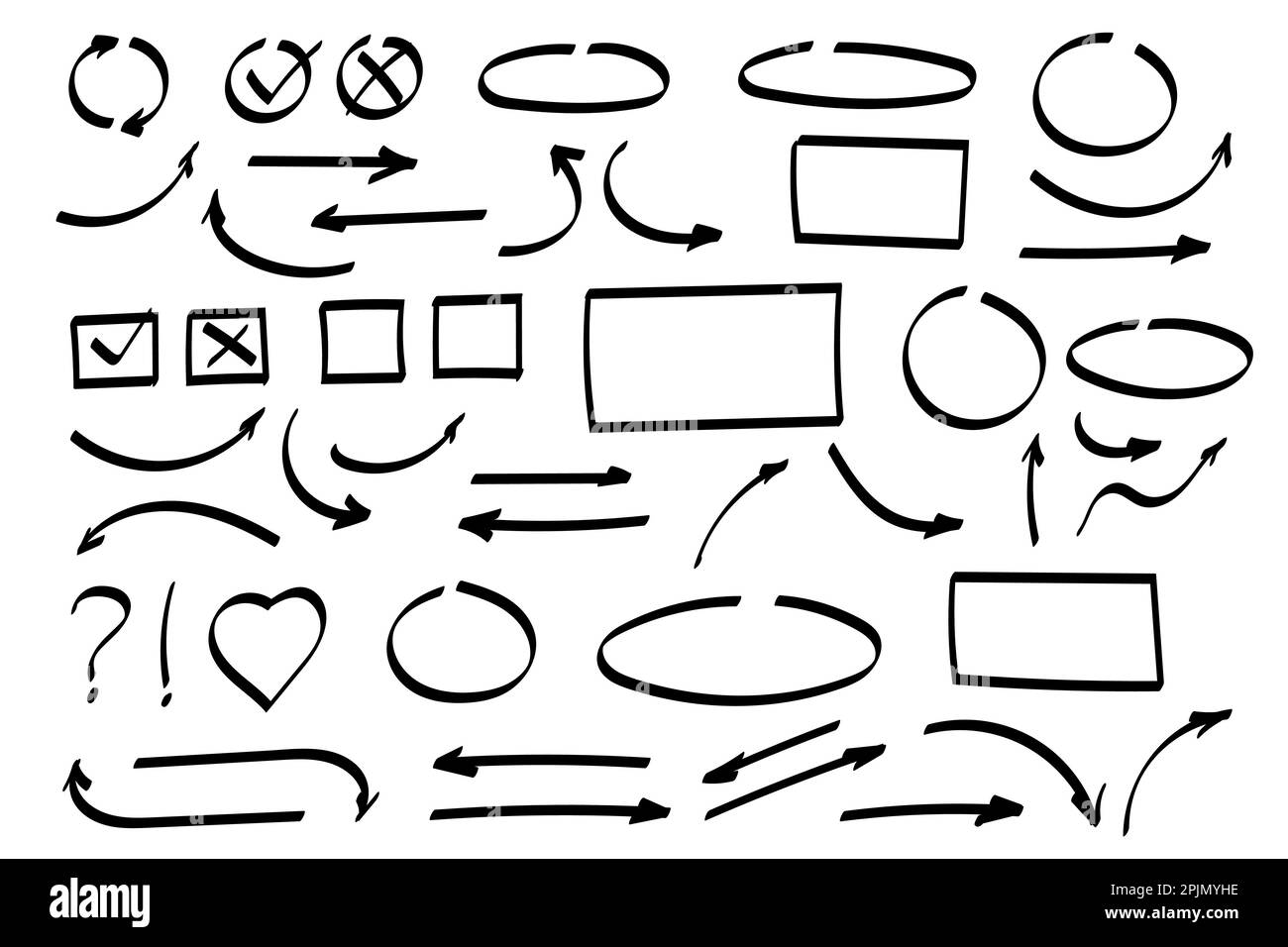 Doodle arrows set or collection. Hand-drawn shapes, check marks ...