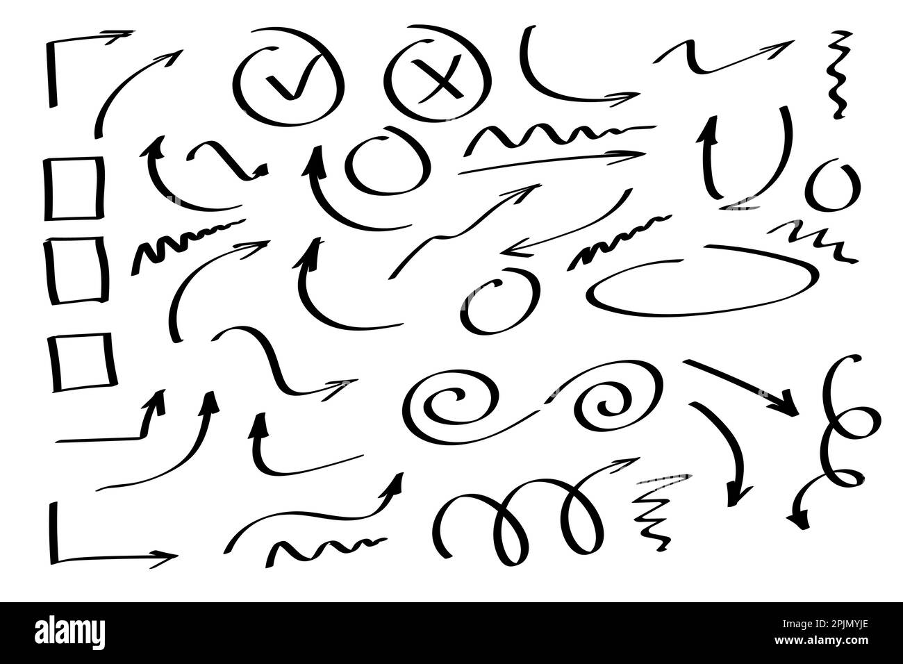 Doodle arrows set or collection. Hand-drawn shapes, check marks ...
