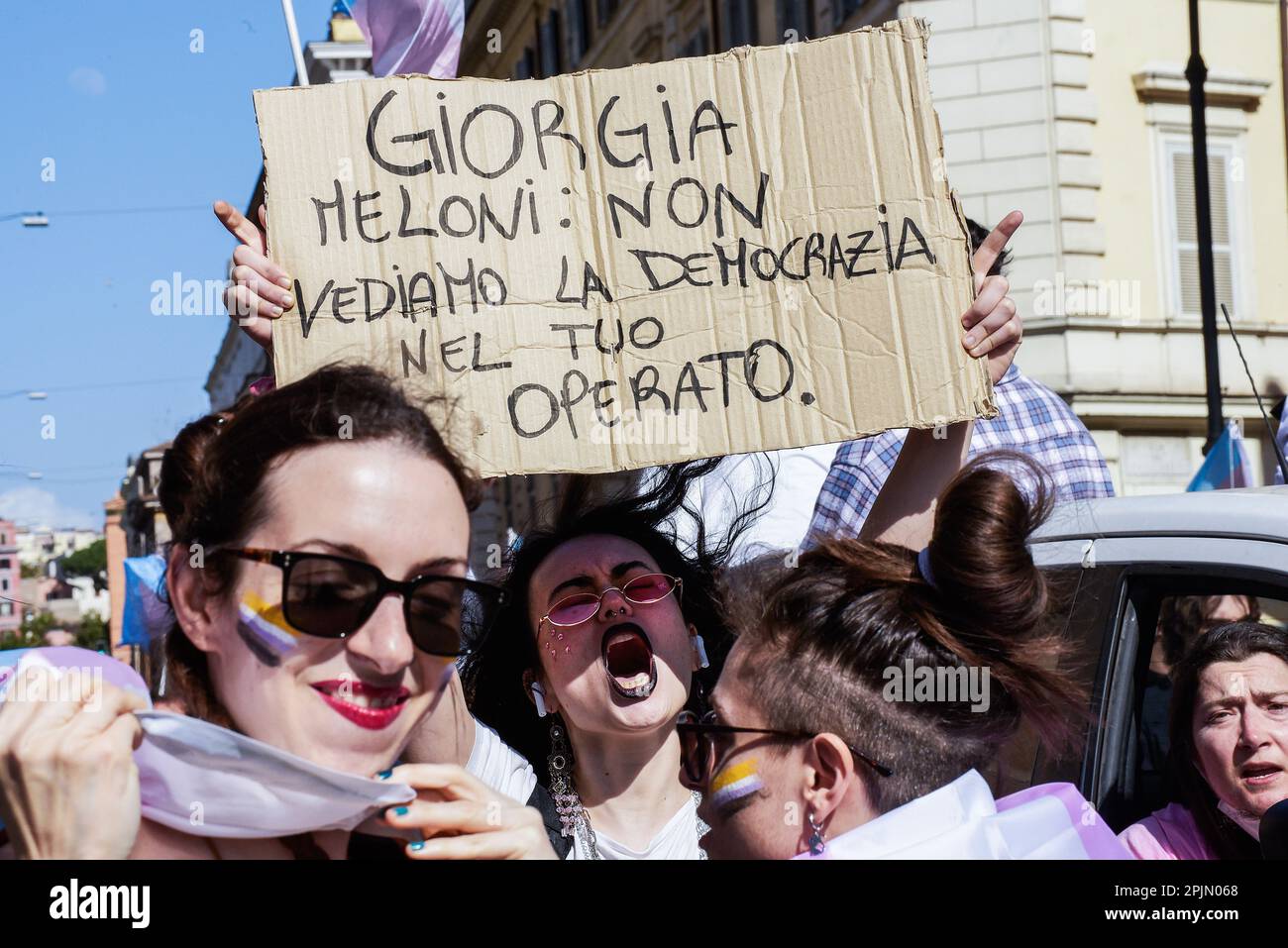 Rome, Italy. 01st Apr, 2023. A person holds up a placard during the ...