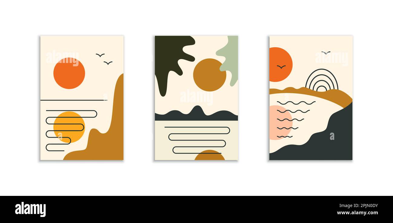 Minimal abstract posters with sun on the sky above the sea. Minimalist ...