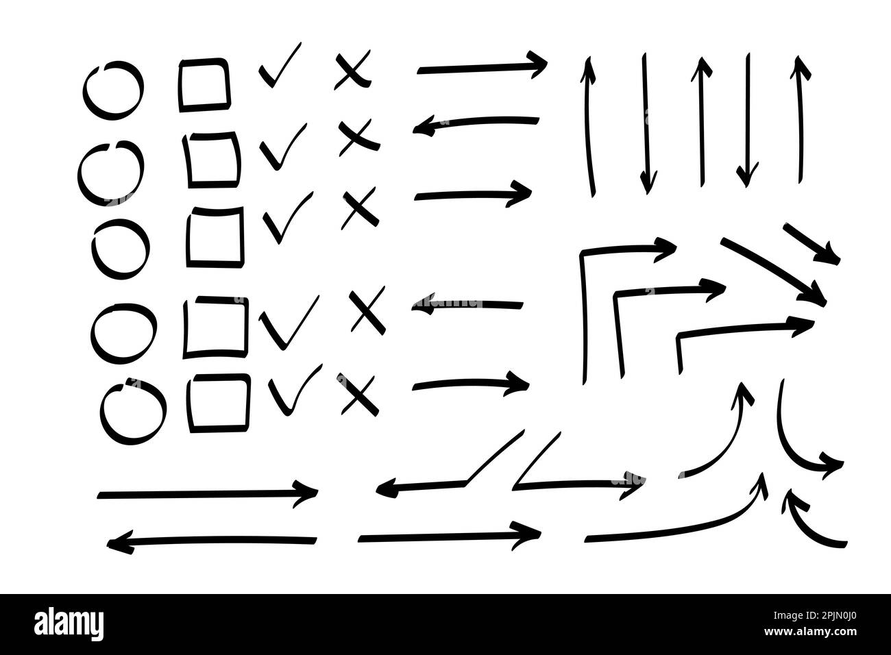 Doodle arrows set or collection. Hand-drawn shapes, check marks ...