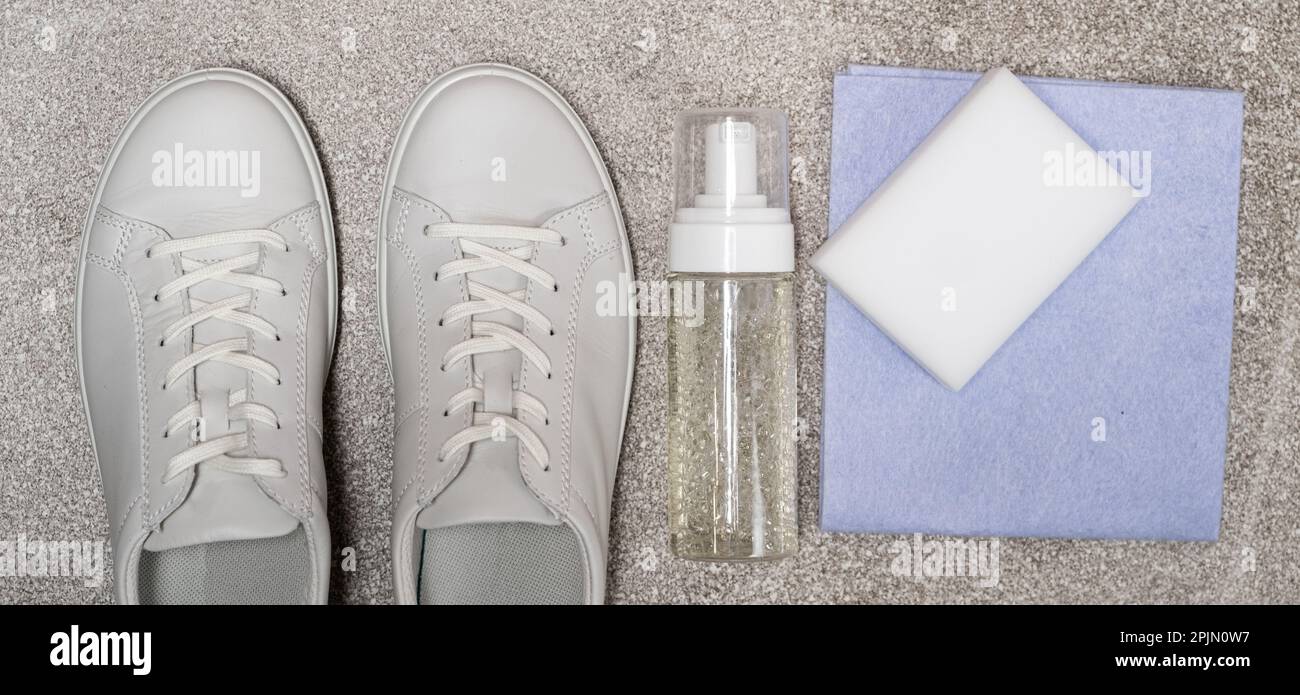 White leather shoe cleaning kit - foam, rag and sponge Stock Photo - Alamy