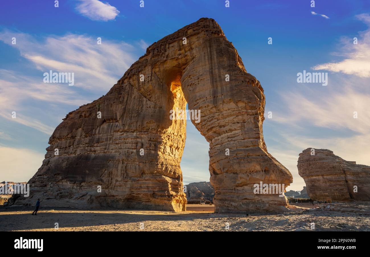 Sandstone elephant rock erosion monolith standing in the desert, Al Ula ...