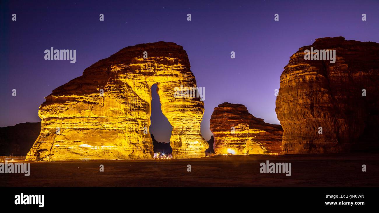 Illuminated sandstone elephant rock erosion monolith standing in the ...