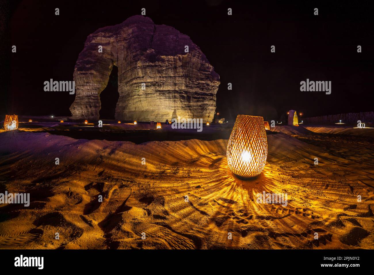 Illuminated sandstone elephant rock erosion monolith standing in the ...