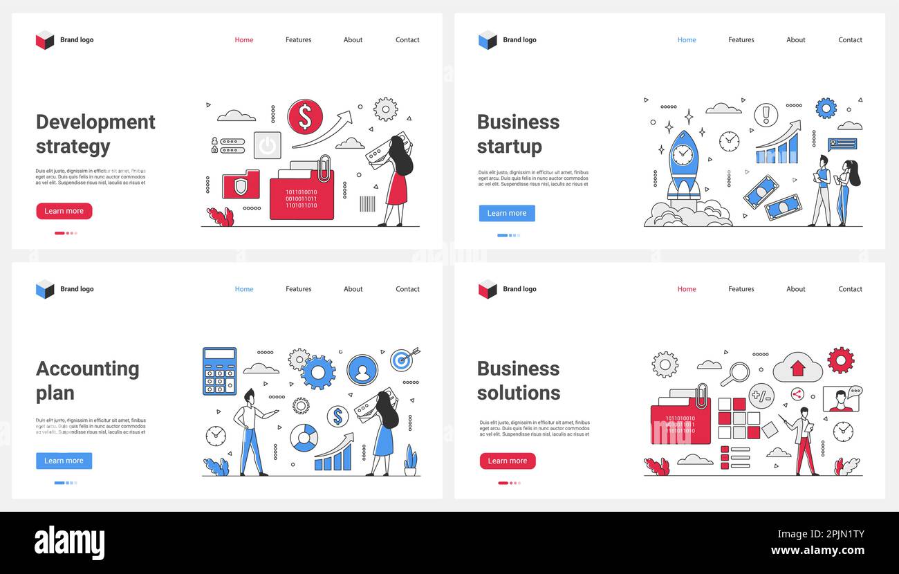 Business development, startup, planning and decision strategy set vector illustration. Cartoon ...