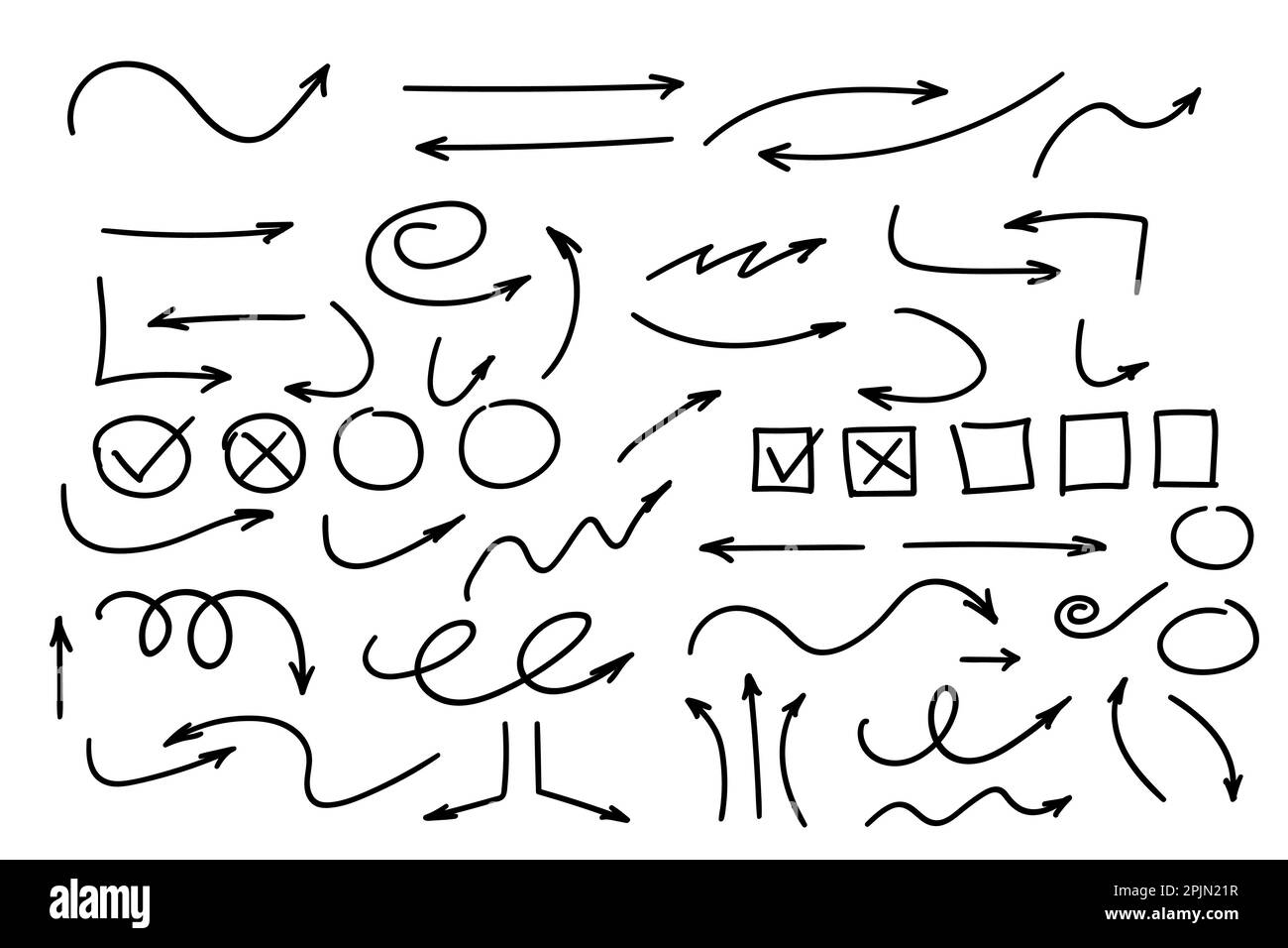 Doodle arrows set or collection. Hand-drawn shapes, check marks ...
