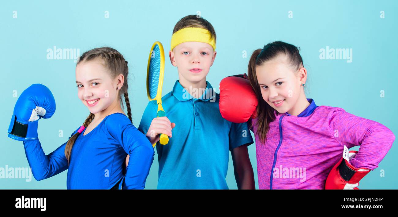 Taking a break. workout of small girls boxer and boy in sportswear ...