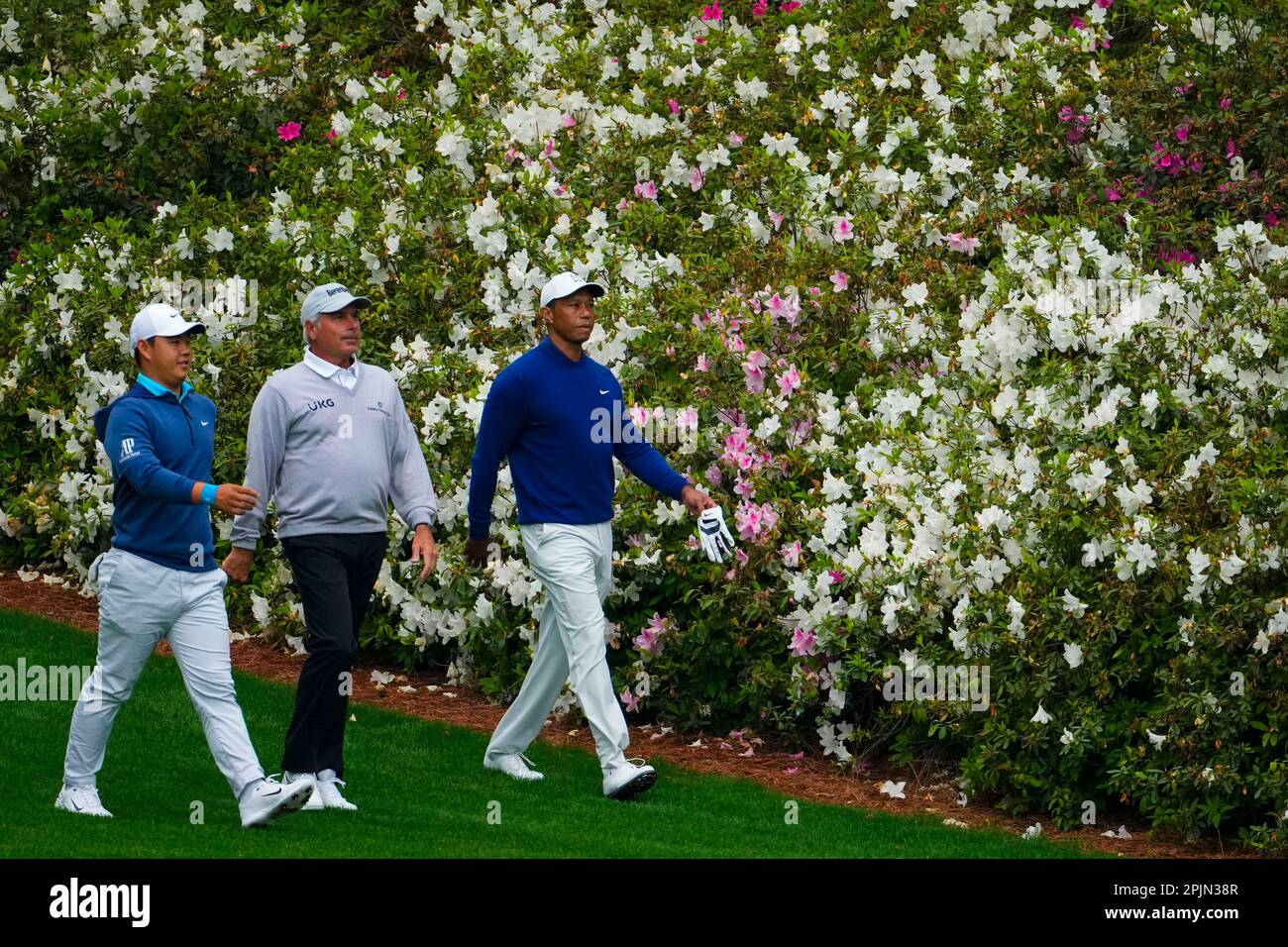 Si Woo Kim, of South Korea,, Fred Couples and Tiger Woods from left ...