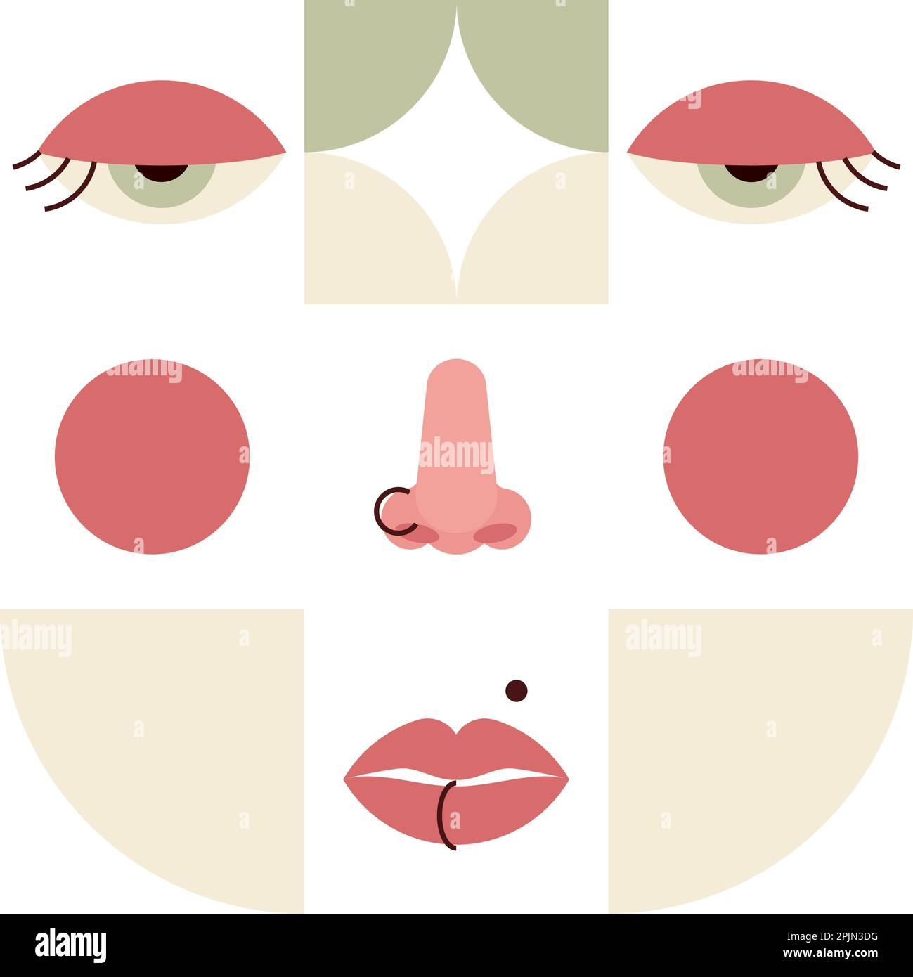 Geometric female face. Pierced girl with nose, lips piercing. Neo geo ...