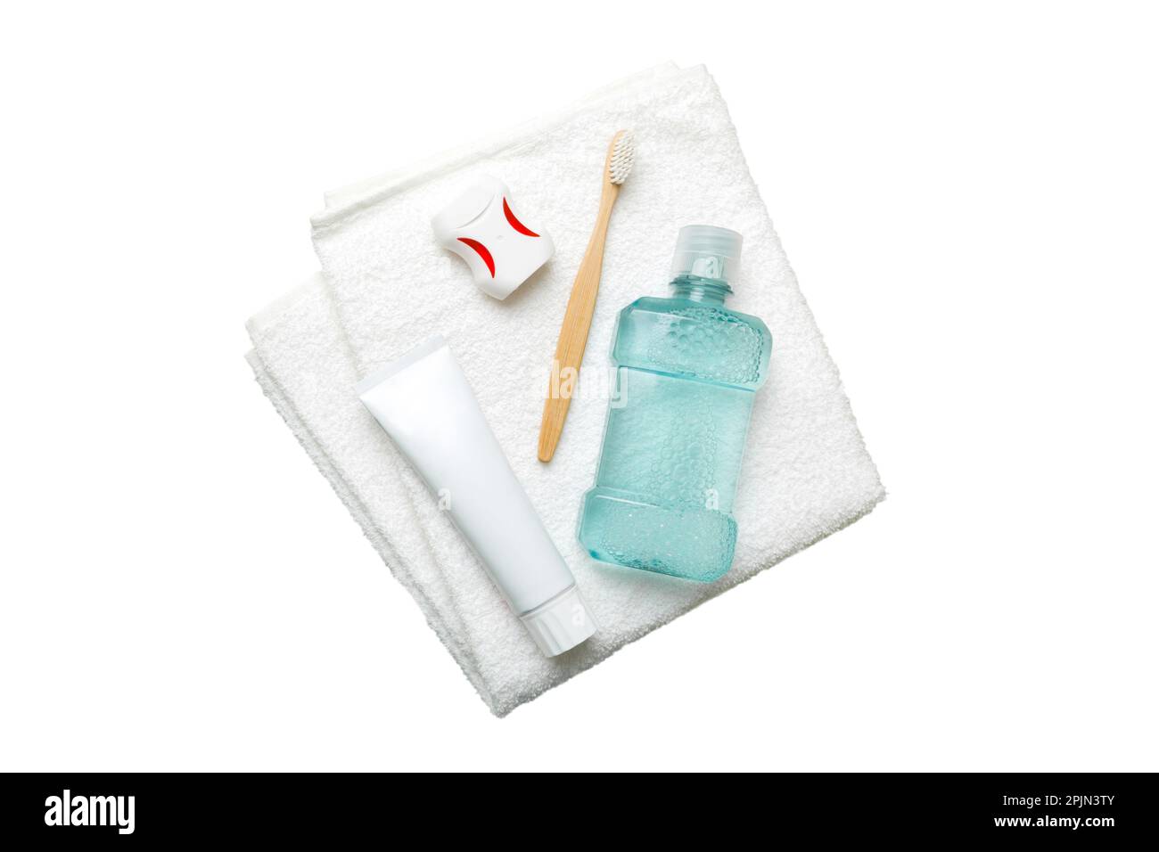 Mouthwash and other oral hygiene products isolated on white ...