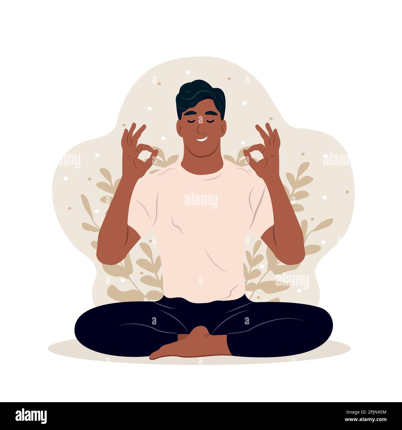 The boy is doing her favorite hobby. Young man meditating with eyes ...